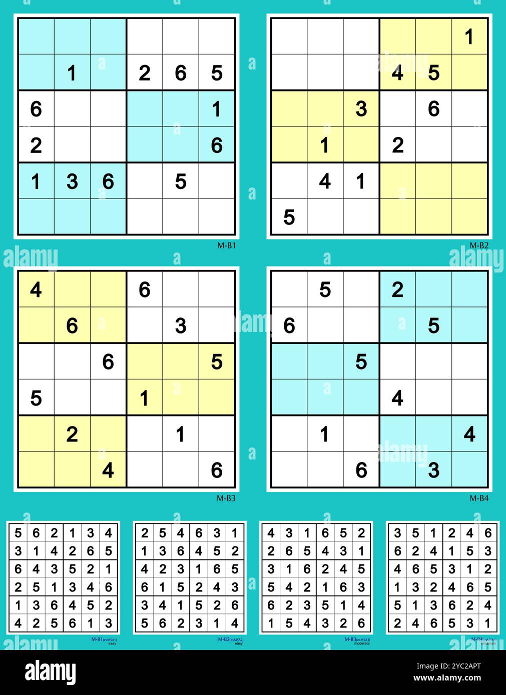 Mini-Sudoku vector set. Rotational symmetry. Easy (2), moderate (2). 12 ...