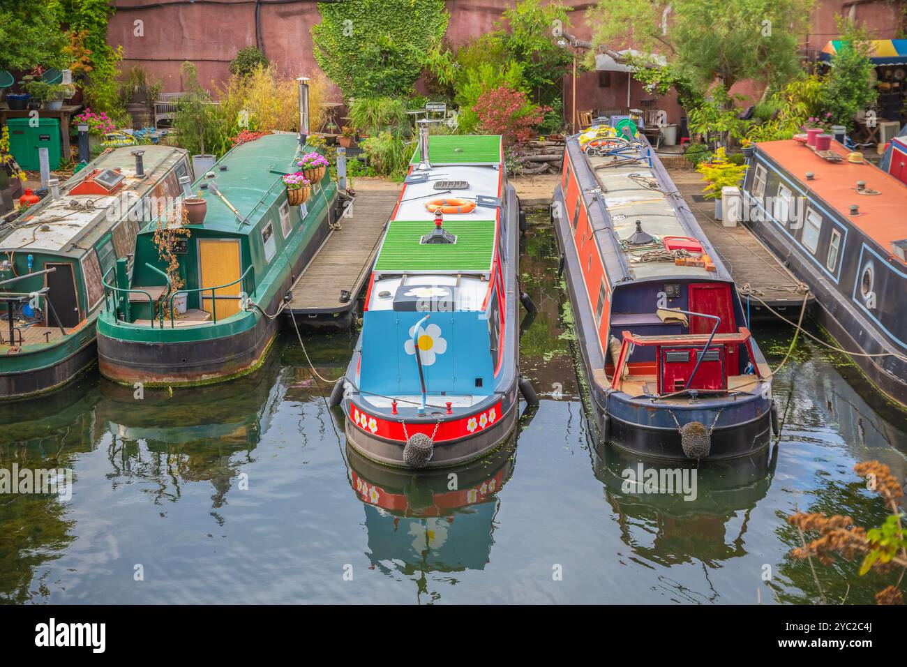 Row of narrow boats at Lisson Grove mooring site, part of Regent's ...
