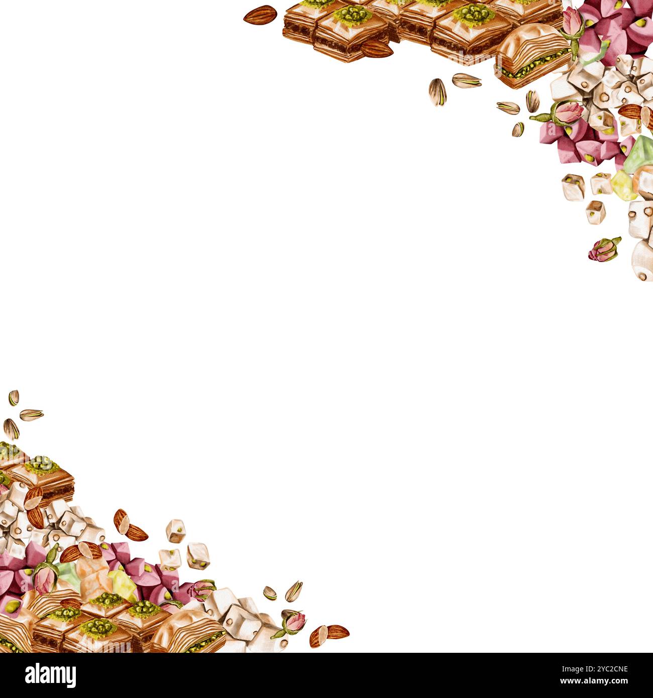 Frame of Turkish sweets. Lokum, baklava, nuts and nougat. Multicolored ...