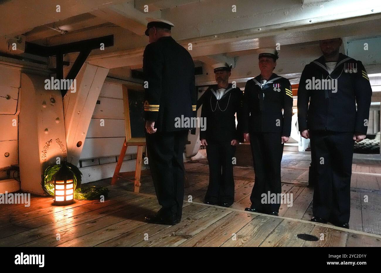 A wreath is laid on the Orlop deck at the spot where Vice-Admiral ...