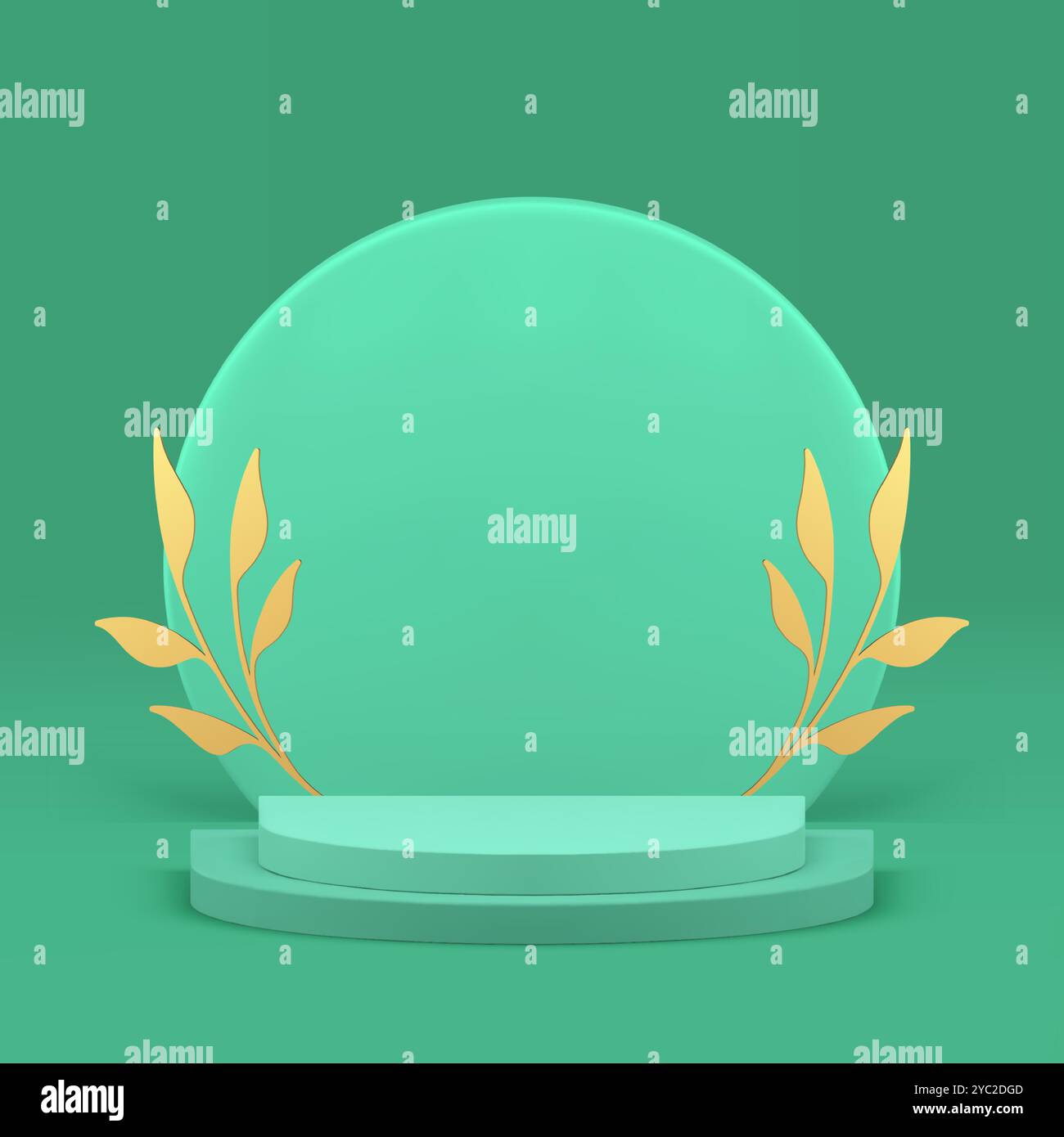 3d green podium pedestal with golden branch for product presentation ...