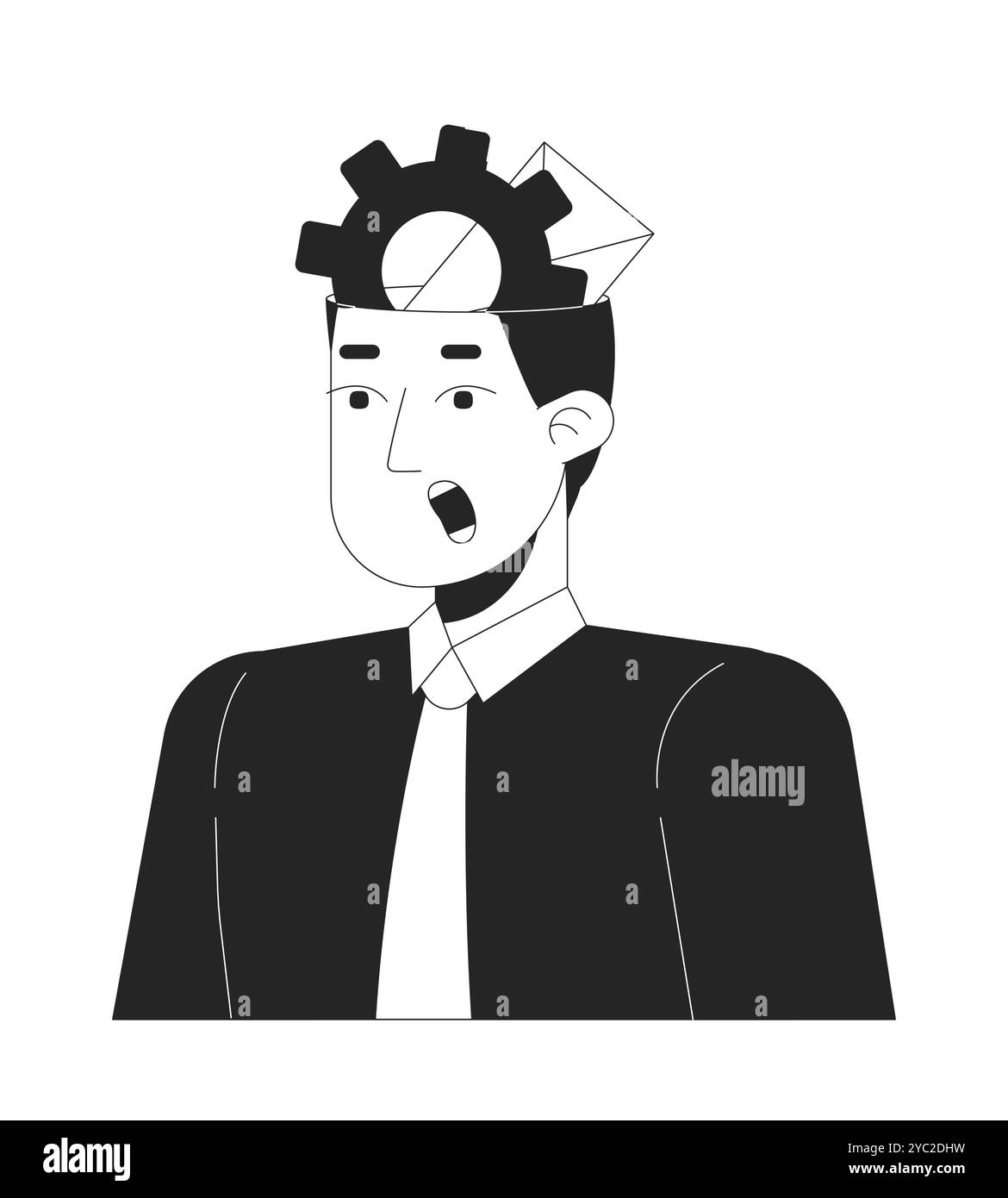 Gear envelope inside head overwhelmed man office worker black and white ...