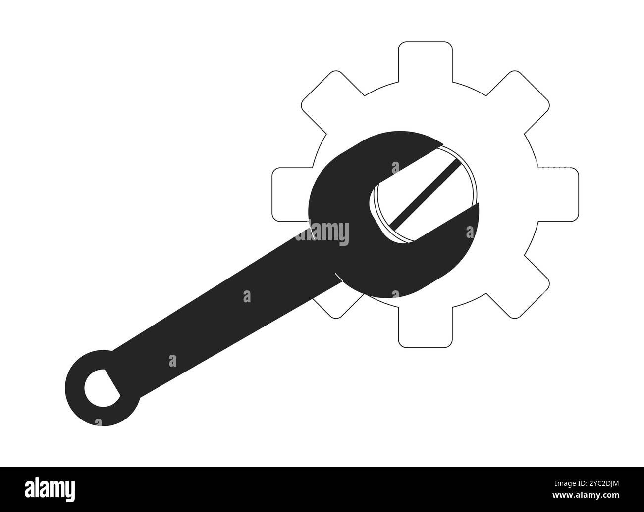 Wrench unscrews screw on gear black and white 2D line object Stock ...