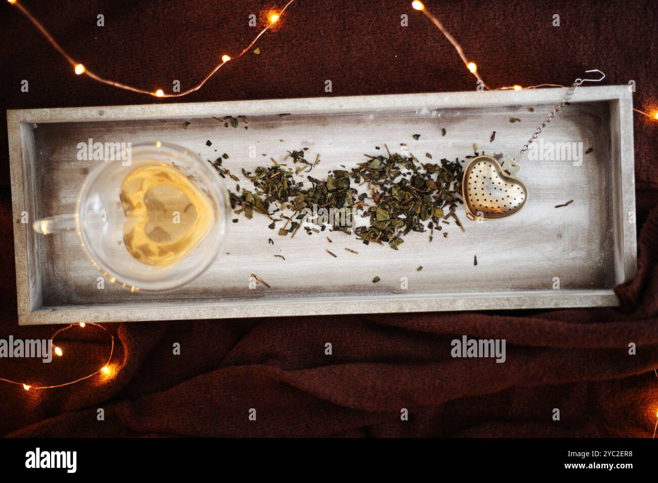 Green tea on a tray, tea ceremony early in the morning. View from above ...