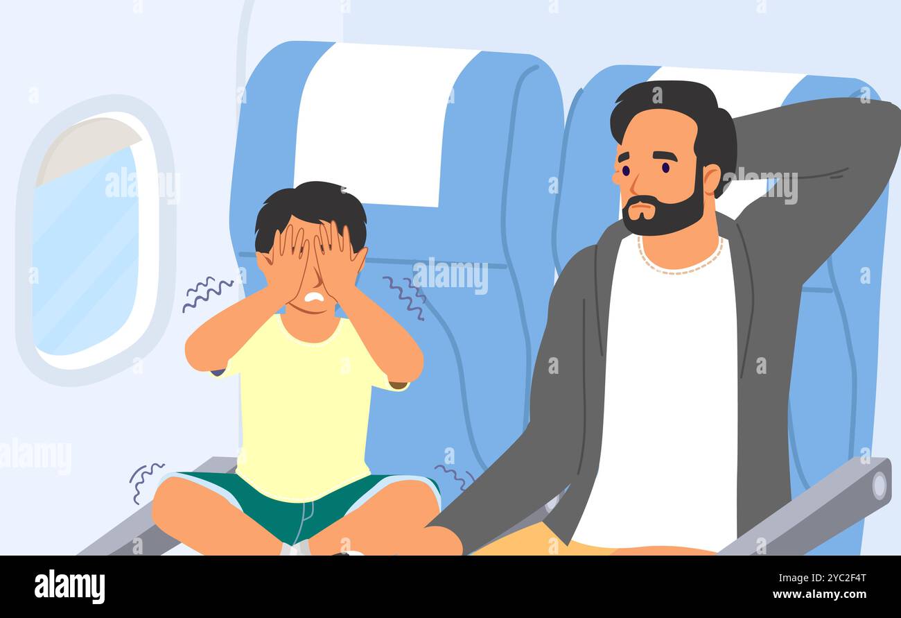 Little boy child feeling panic in plane vector illustration Stock ...