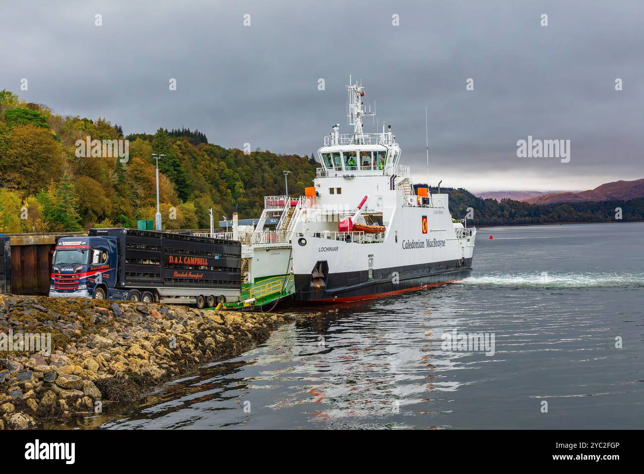 Lochaline, Scotland, UK, Oct 16 2024. Calmac ferry, Lochinvar, docks at ...