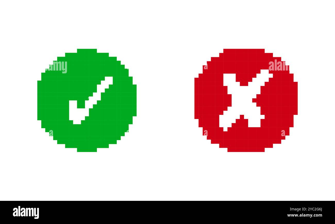 Circle Buttons of Green Check and Red Cross Icon in Pixel Art Style. Check Mark Icon. Check Box ...