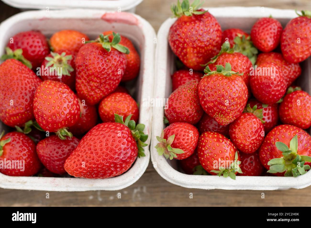 Fresh strawberries in cartons on display at a farmers market Stock ...