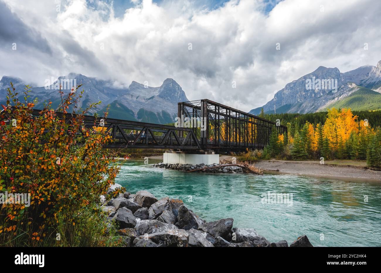 Canmore engine bridge crossing Bow river in Alberta on fall day Stock ...
