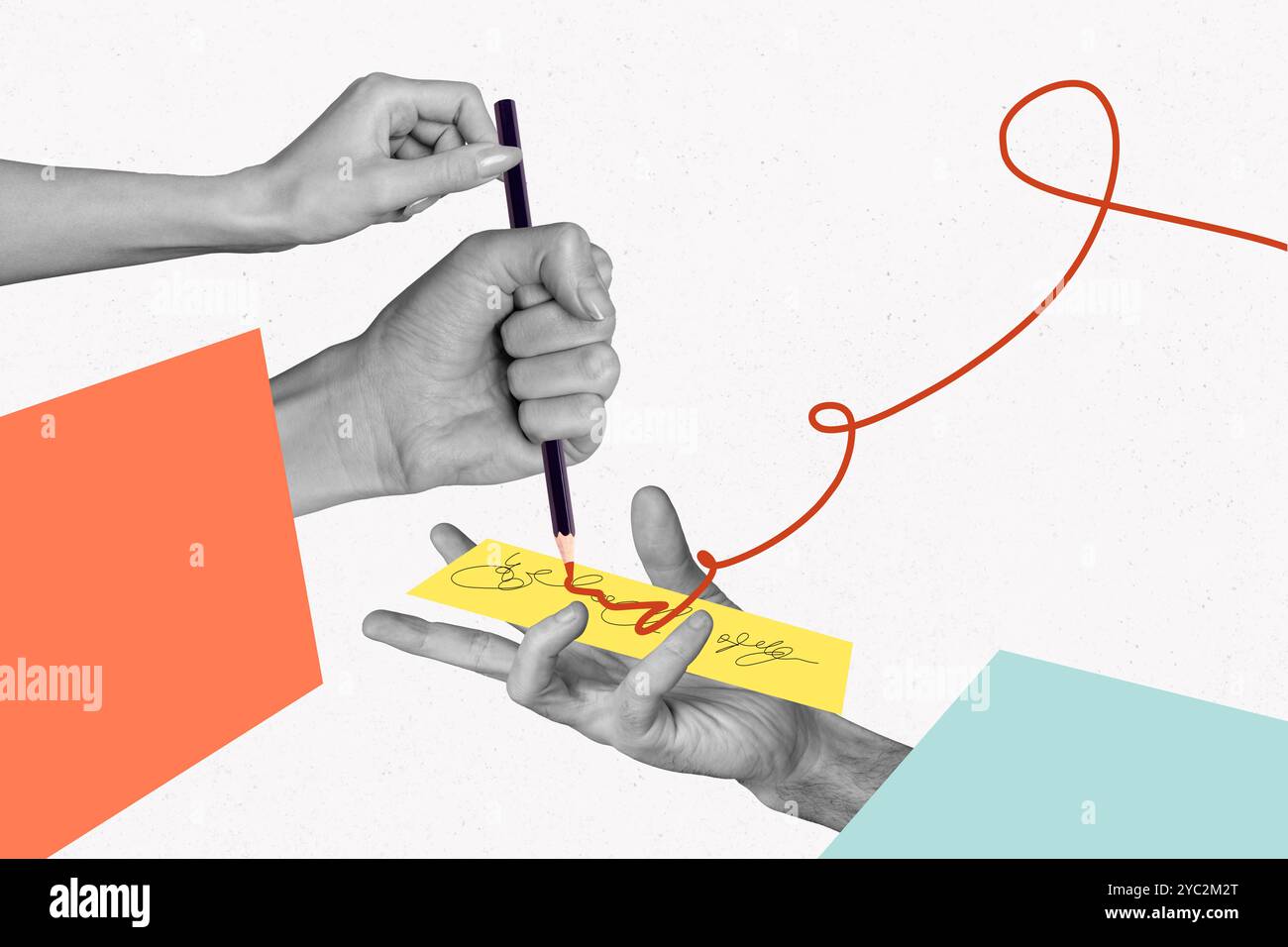 Creative collage image hands fist wrist body fragments hold pencil ...