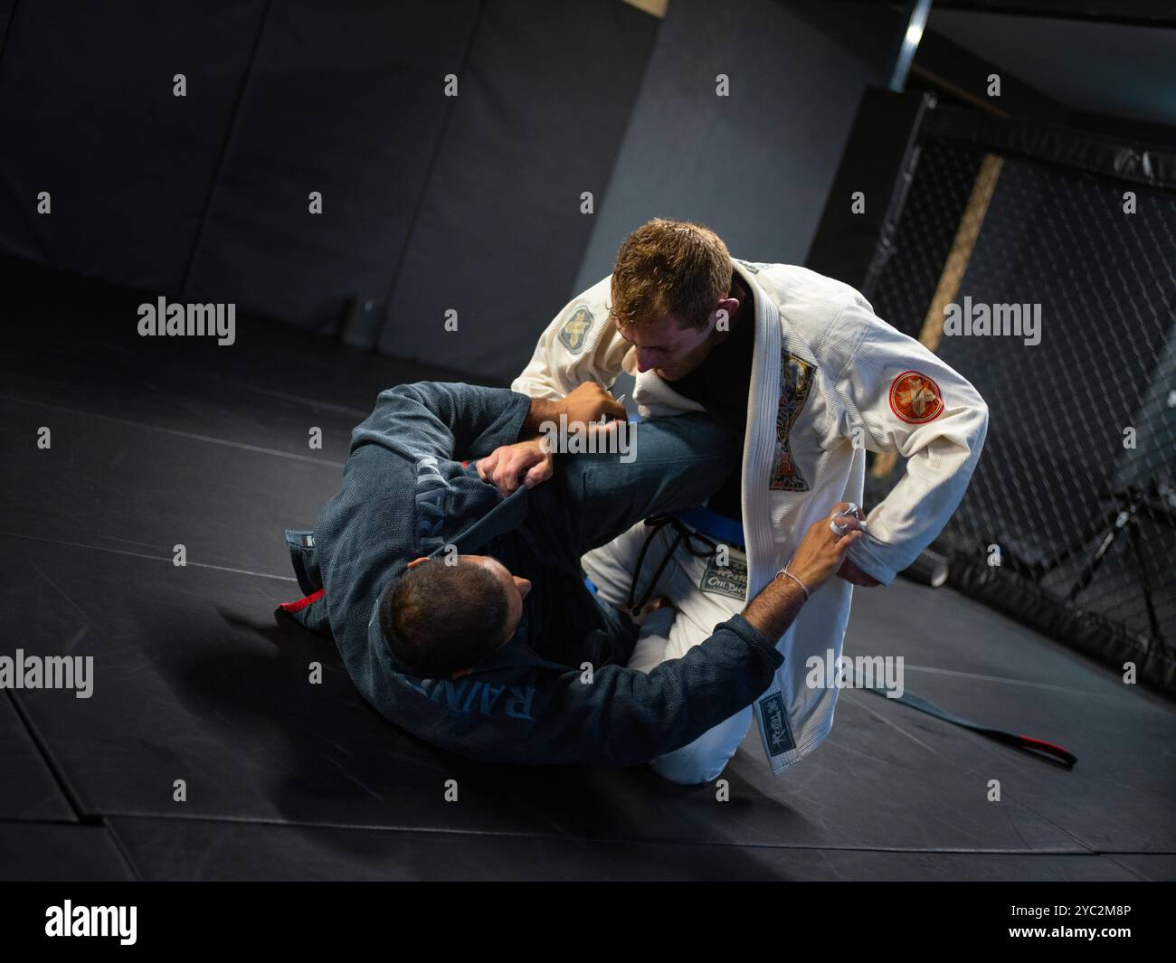 Brazilian Jiu jitsu black belt sparring with blue belt - BJJ Stock Photo - Alamy