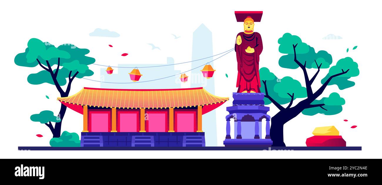 Buddhist temple and statue - modern colored vector illustration Stock ...