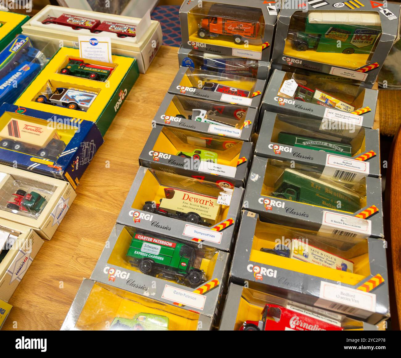 Boxes of Corgi model trucks, vans and other vehicles on display at ...