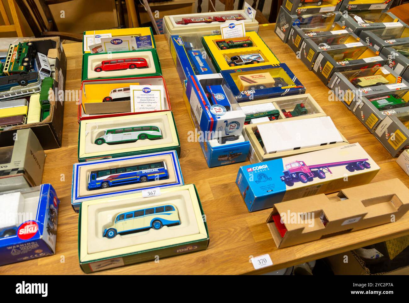 Boxes of Corgi model buses, coaches and other vehicles on display at ...