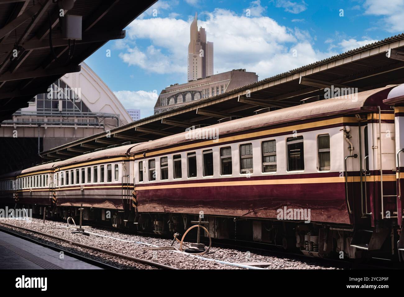 Vintage trains parked at the historic Bangkok Central Station platform ...