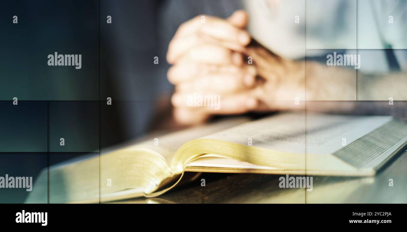 Man praying hands on a bible in dim light, geometric pattern Stock ...