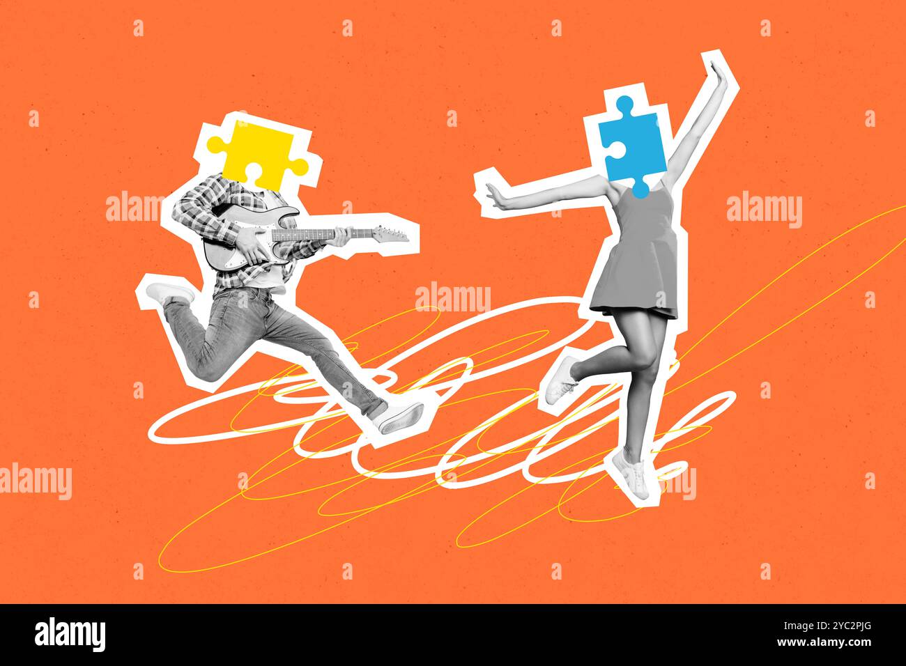 Creative collage picture headless woman man guitarist puzzle quiz match ...
