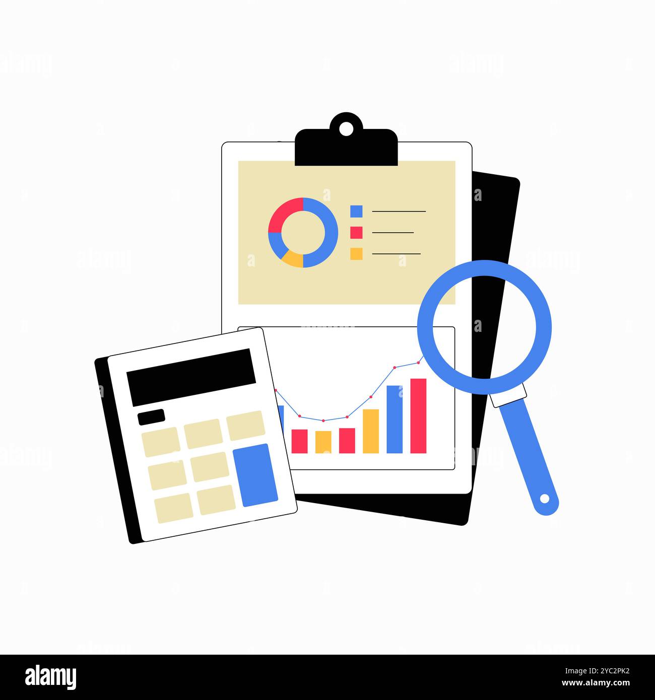 Calculator And Clipboard With Graphs And Charts In Flat Vector Illustration Symbolizing ...