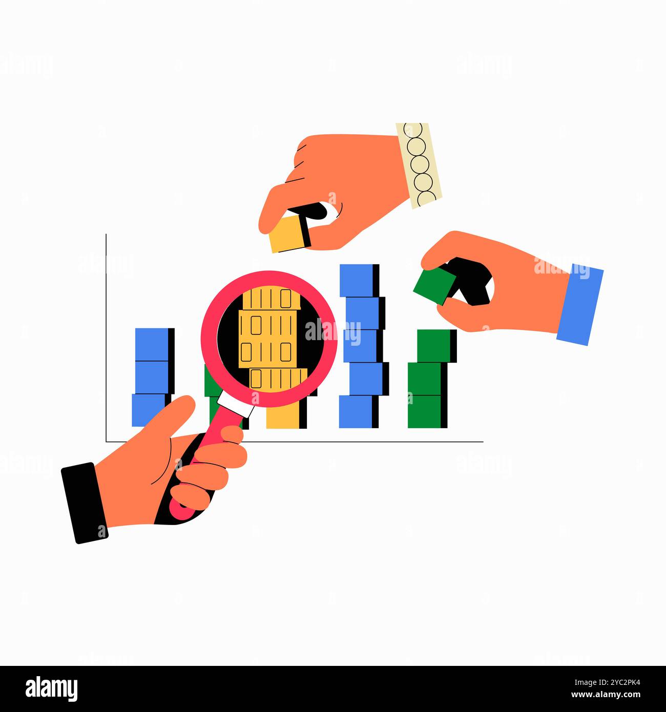 Hands Building Business Graphs With Magnifying Glass In Flat Vector ...