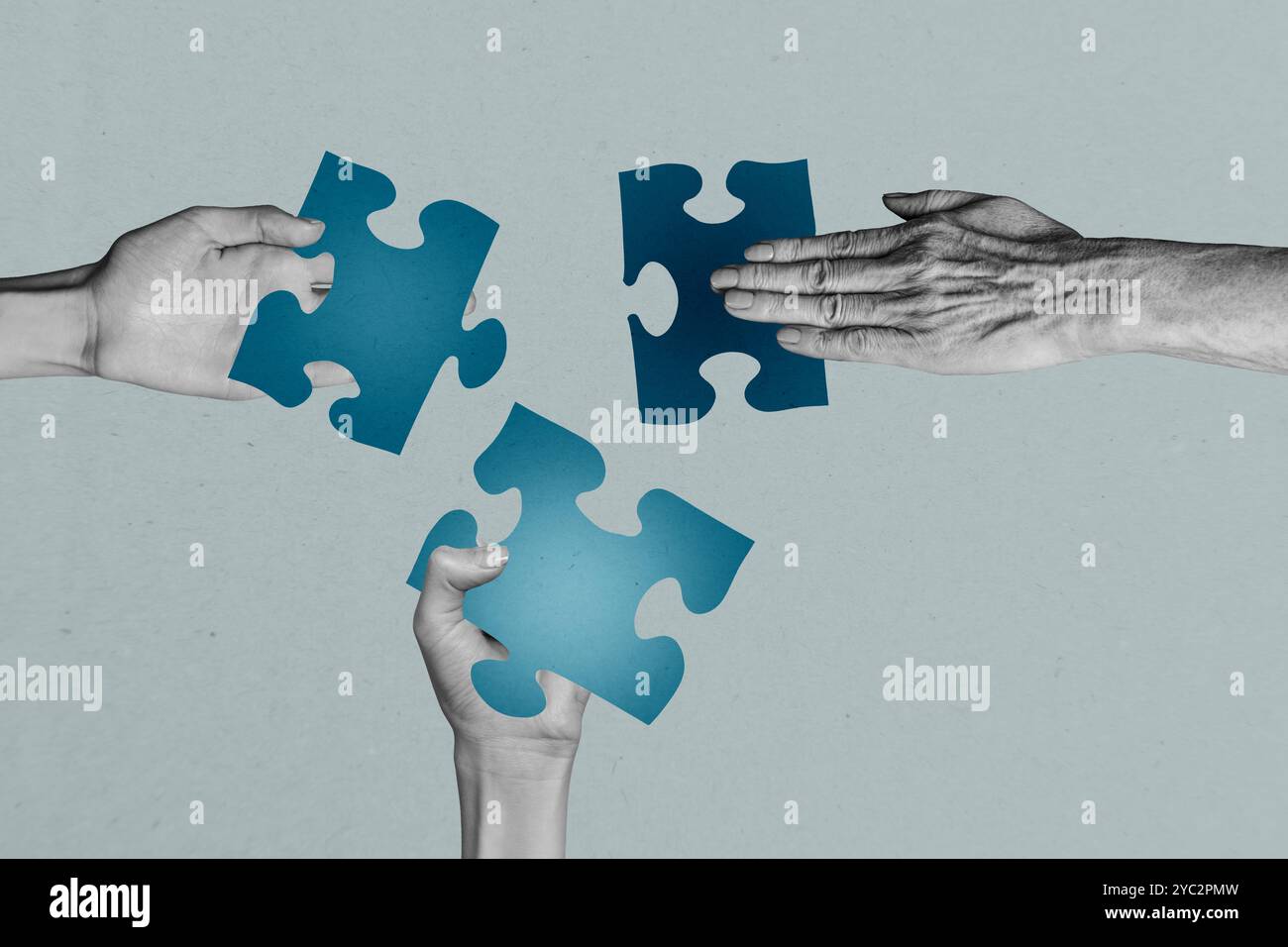 Composite photo collage of hands hold puzzle segment piece business ...