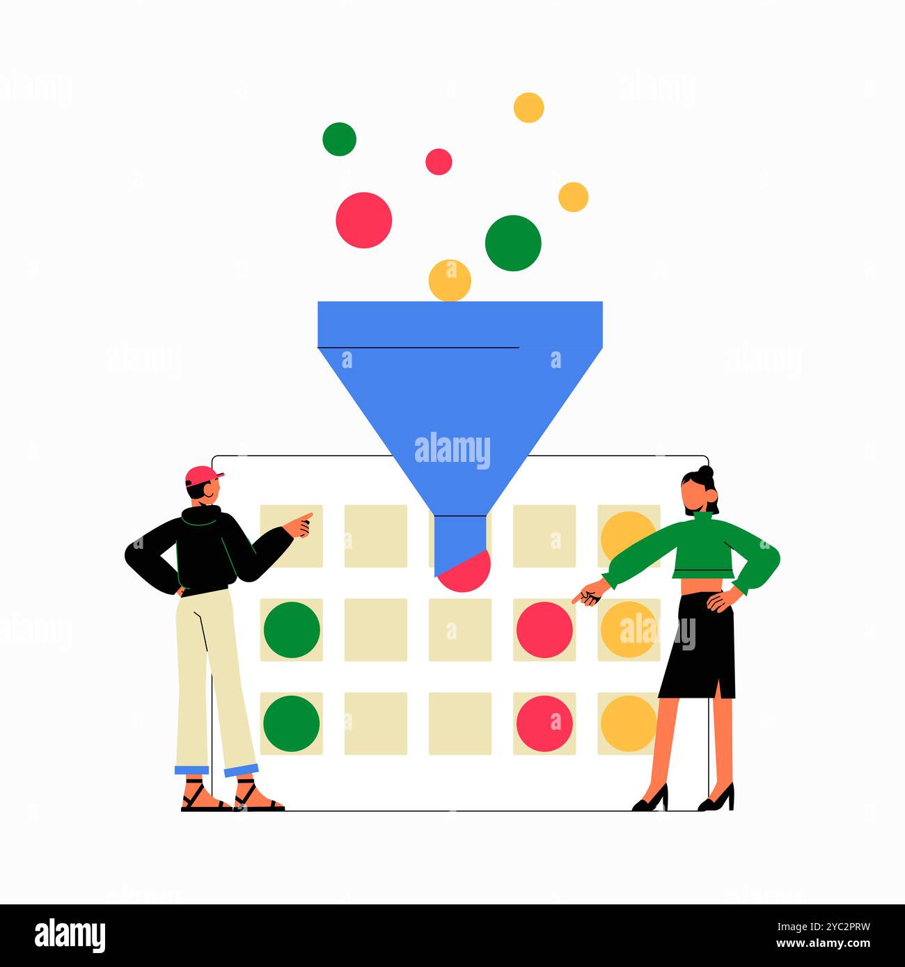 Data Filtering Process With Male And Female Specialists In Flat Vector