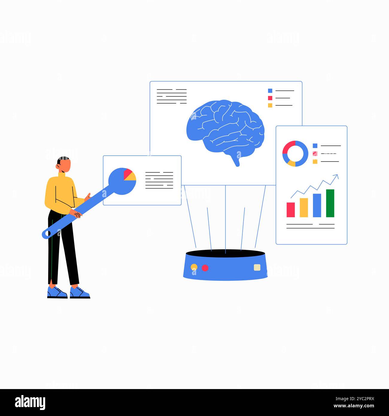 Brain Data Analysis With Male Specialist In Flat Vector Illustration Symbolizing Artificial ...