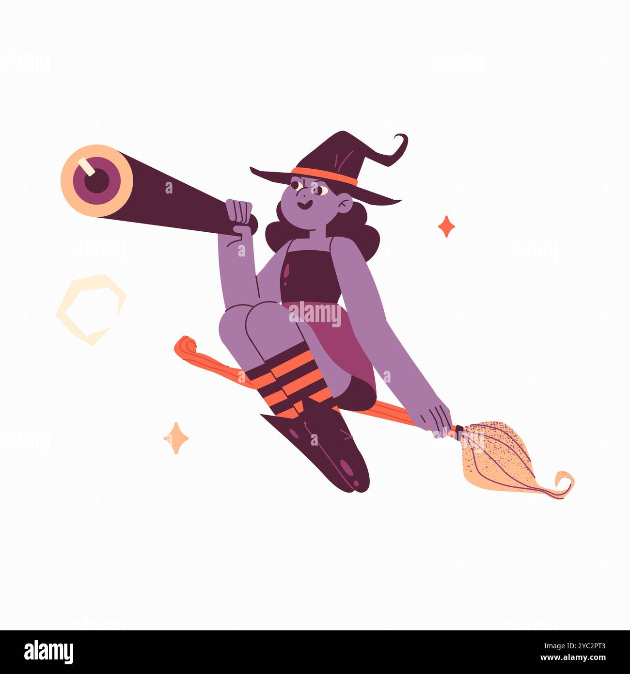 Witch Flying On Broom With Telescope In Flat Vector Illustration ...