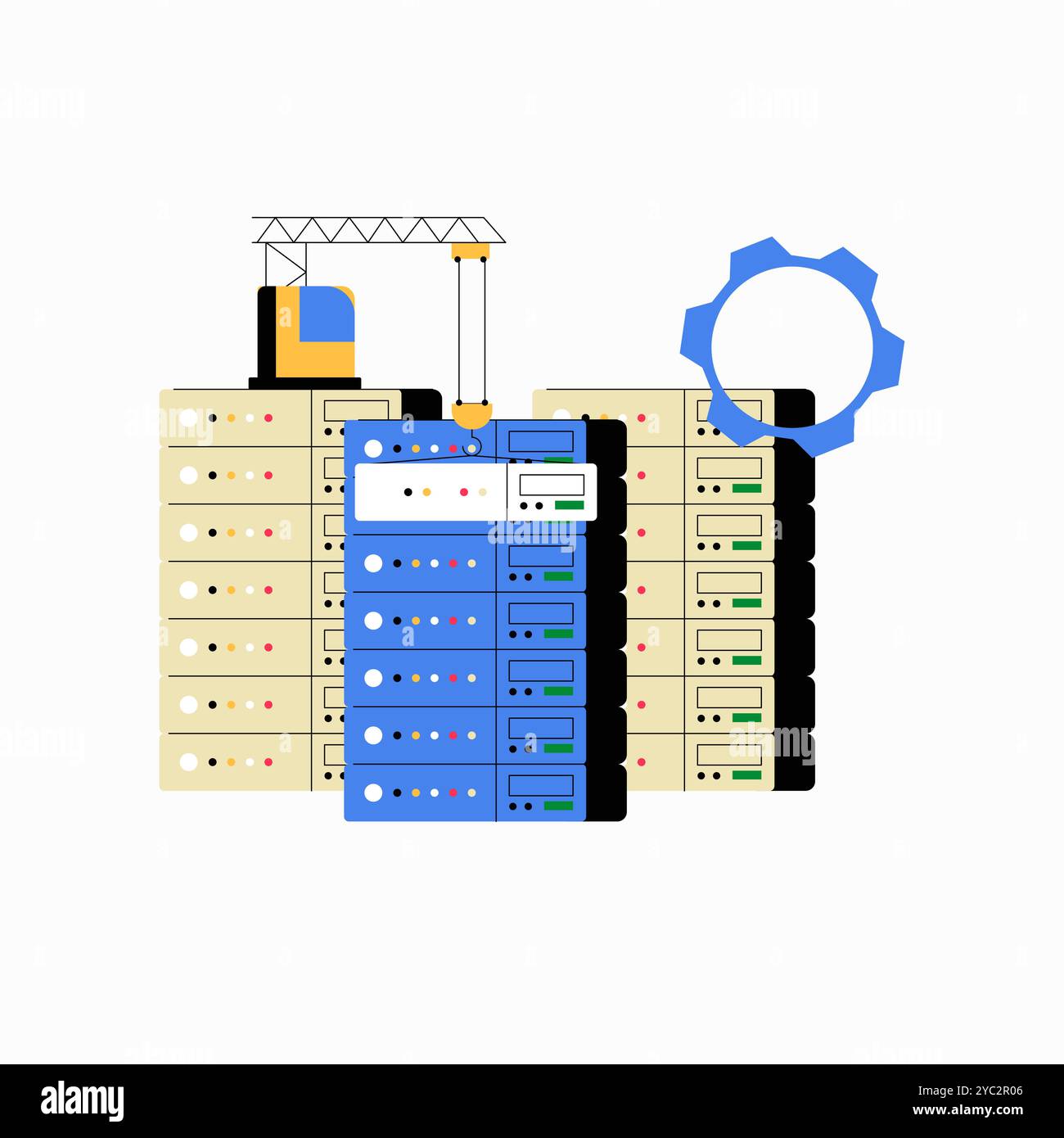 Server Racks With Maintenance Crane In Flat Vector Illustration Symbolizing Data Center Storage