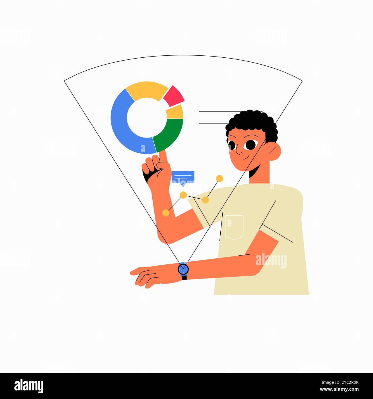 Young Man Interacting With Digital Charts and Graphs in Flat Vector Illustration Symbolizing ...