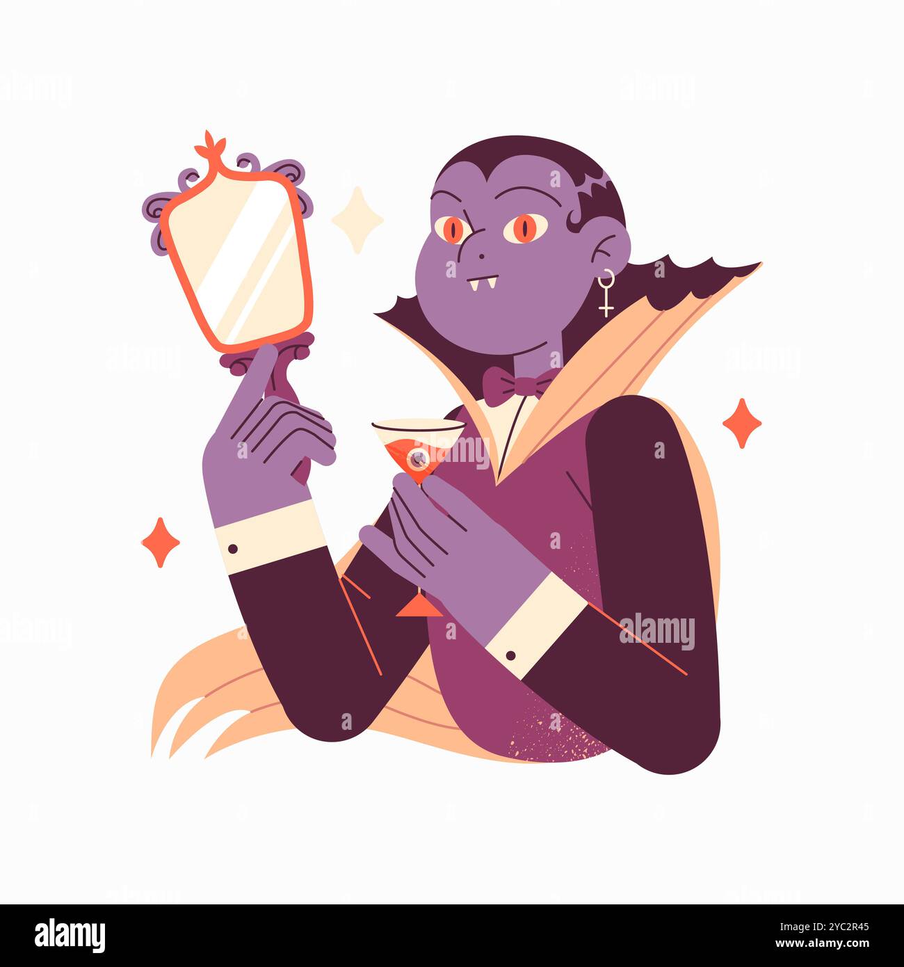 Vampire Holding Mirror And Drink In Flat Vector Illustration ...