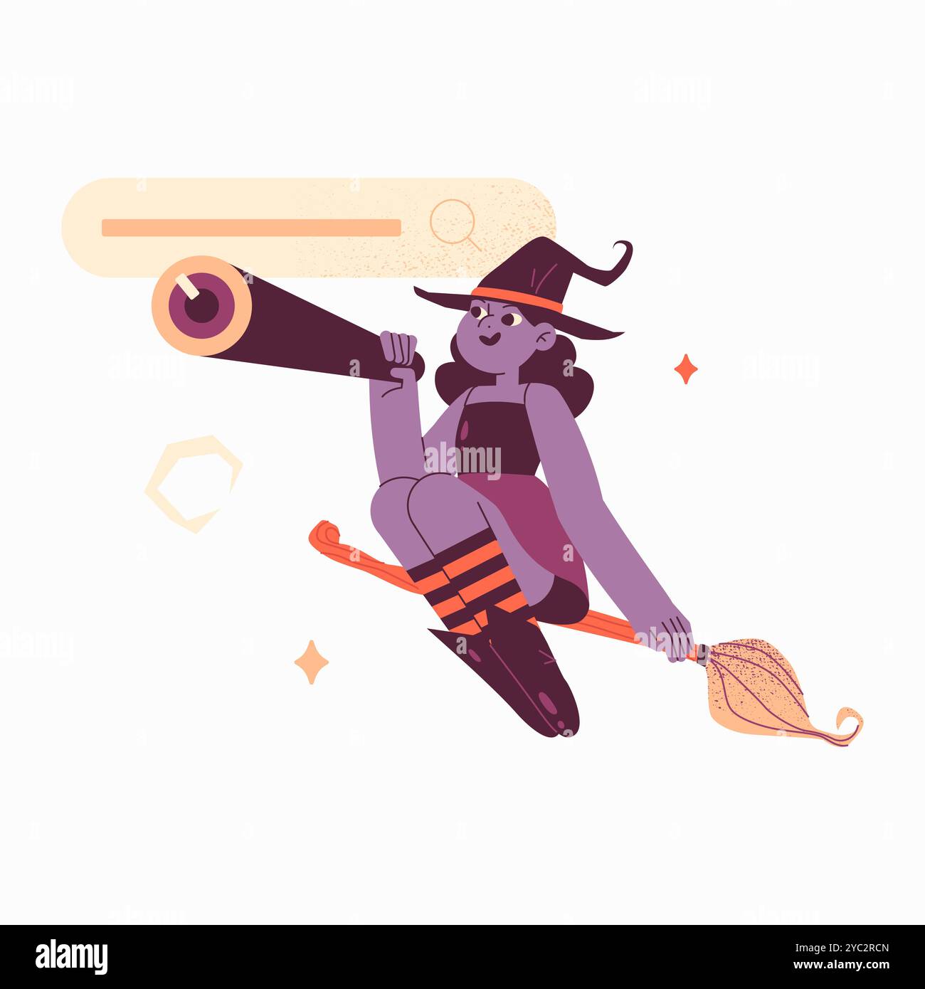 Female Witch Flying On Broom With Telescope In Flat Vector Illustration ...