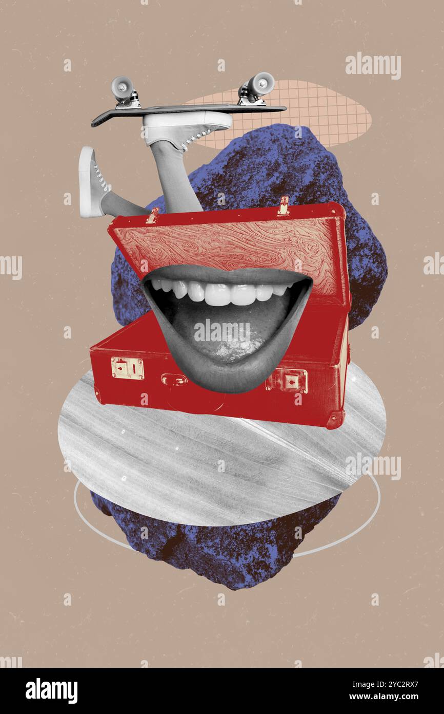 Vertical photo collage of faceless mouth smile legs ride penny-board ...