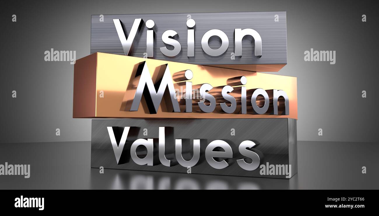 Vision, mission, values - words on metal blocks - 3D illustration Stock ...