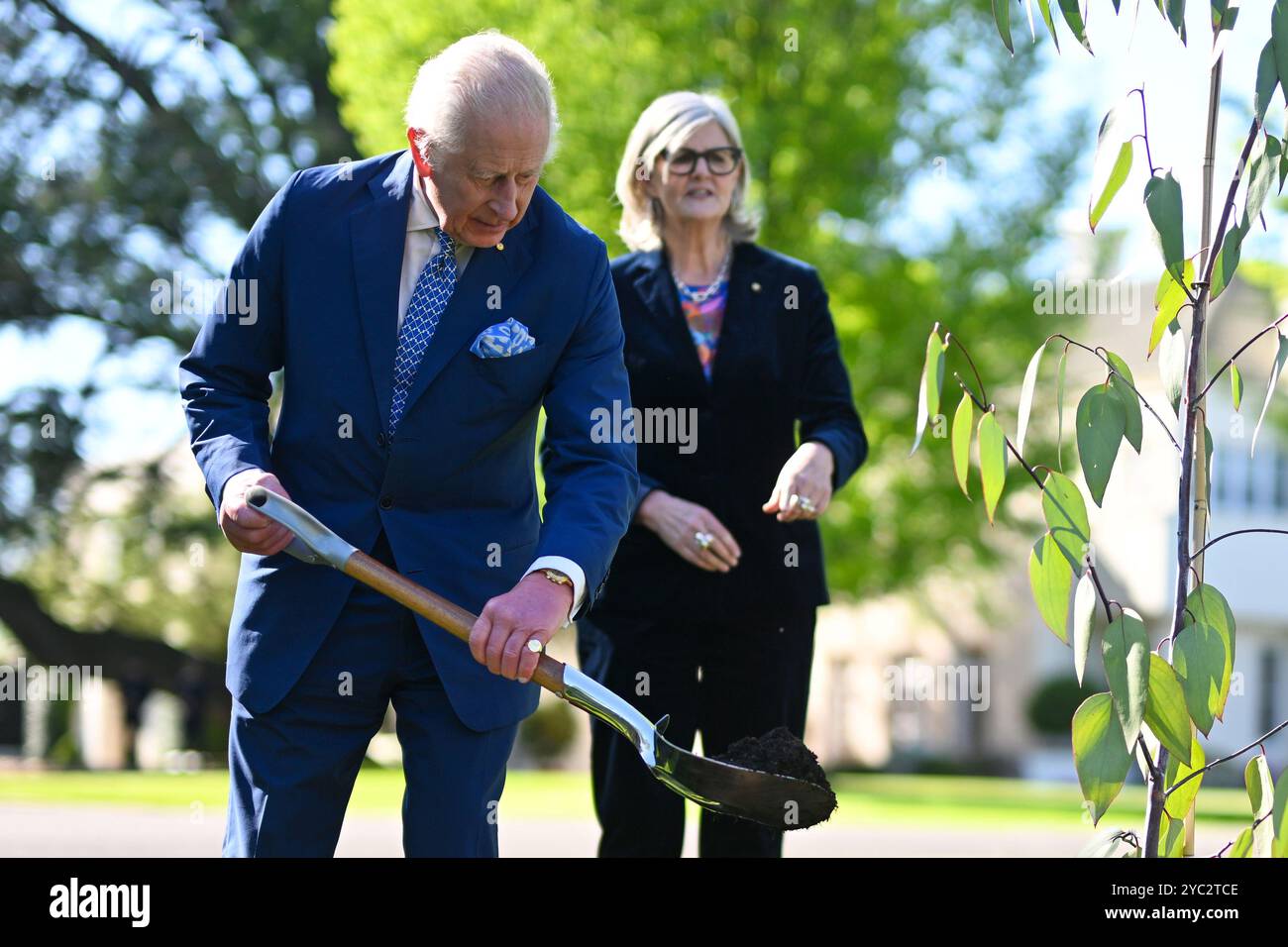 King Charles III during the ceremonial planting of two snow gum eucalyptus trees, in the garden ...