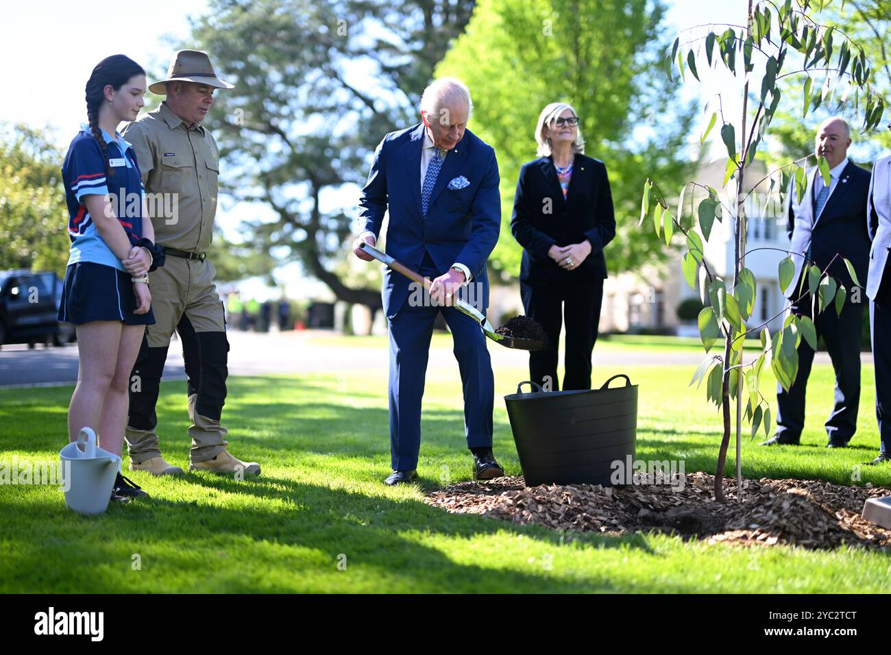 King Charles III during the ceremonial planting of two snow gum eucalyptus trees, in the garden ...