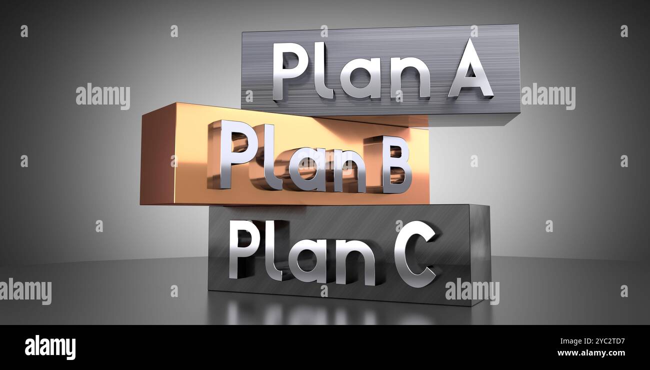 Plan A, B, C - words on metal blocks - 3D illustration Stock Photo - Alamy