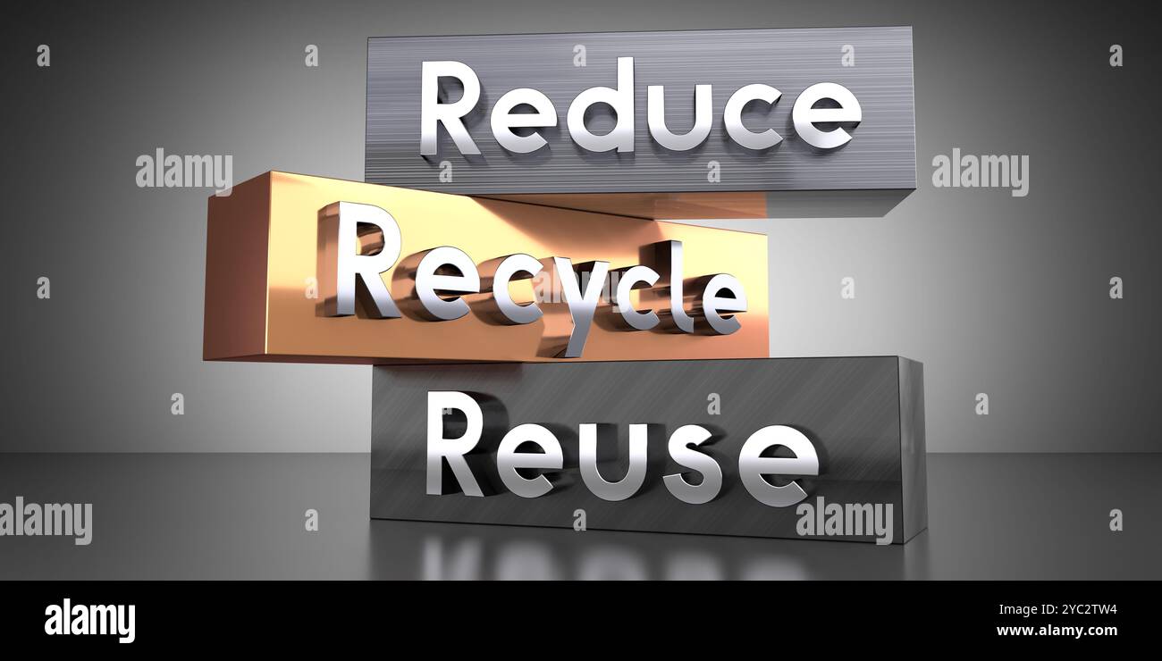 Reduce, recycle, reuse - words on metal blocks - 3D illustration Stock ...