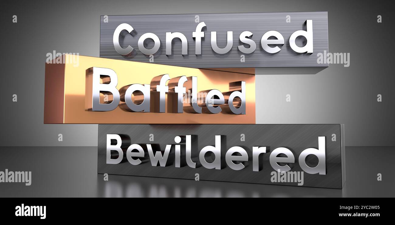 Confused, baffled, bewildered - words on metal blocks - 3D illustration ...