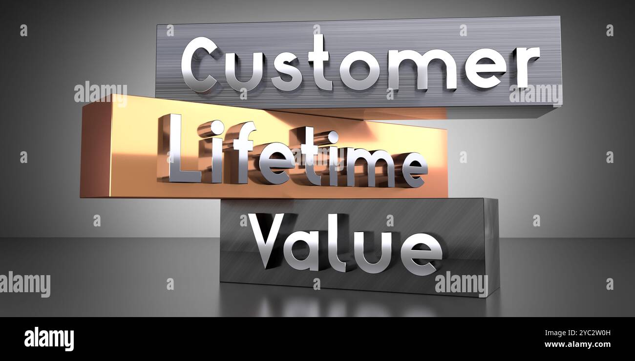 Customer, lifetime, value - words on metal blocks - 3D illustration ...
