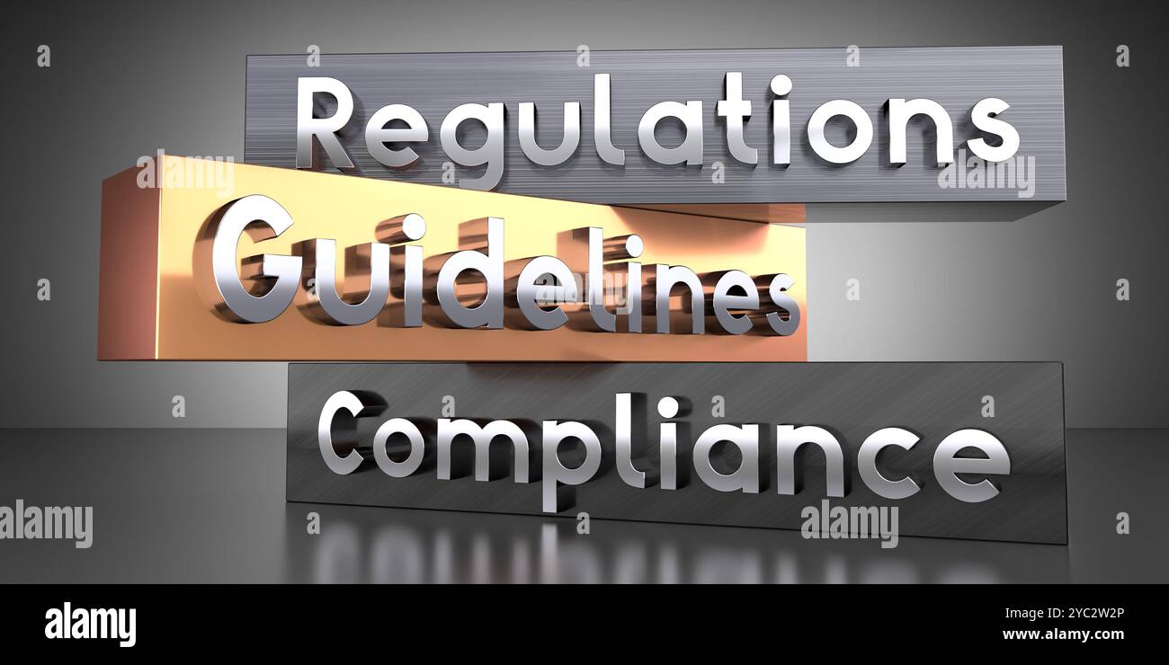Regulations, guidelines, compliance - words on metal blocks - 3D ...