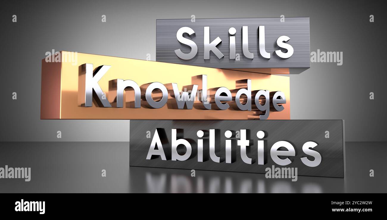 Skills, knowledge, abilities - words on metal blocks - 3D illustration ...