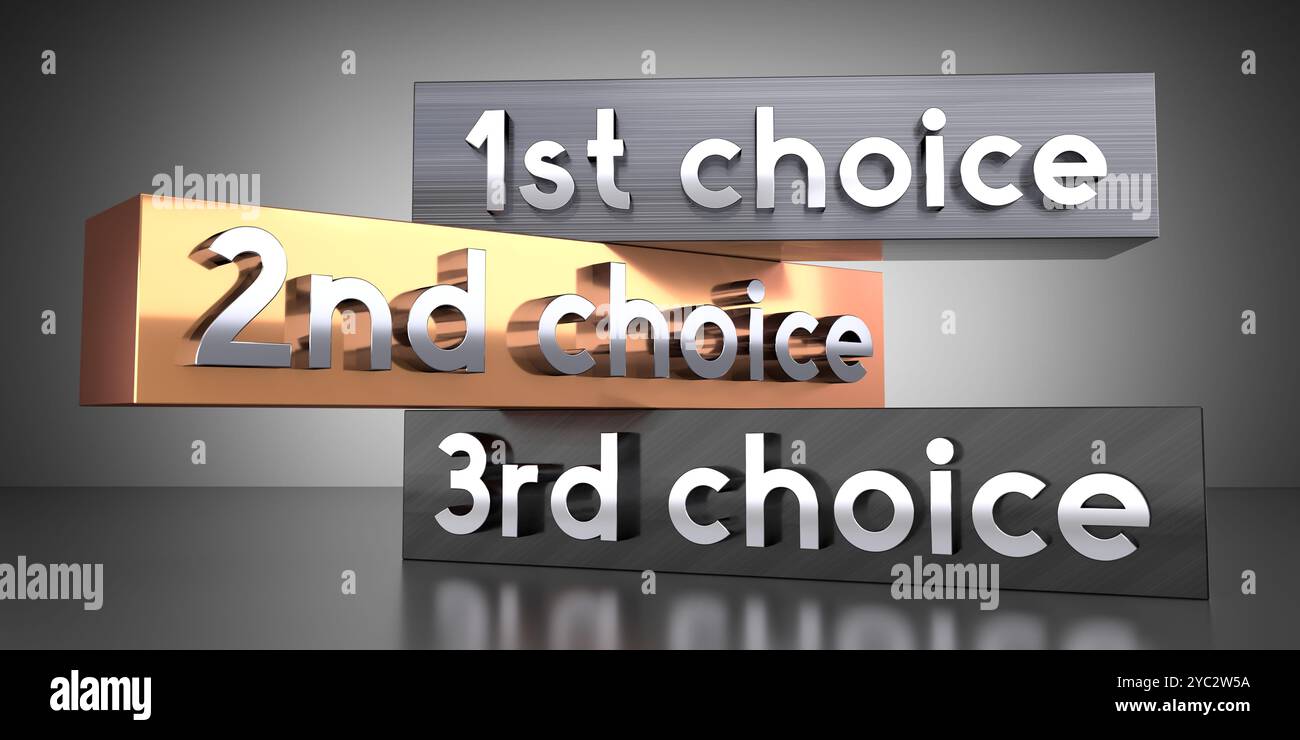 1st choice, 2nd choice, 3rd choice - words on metal blocks - 3D ...