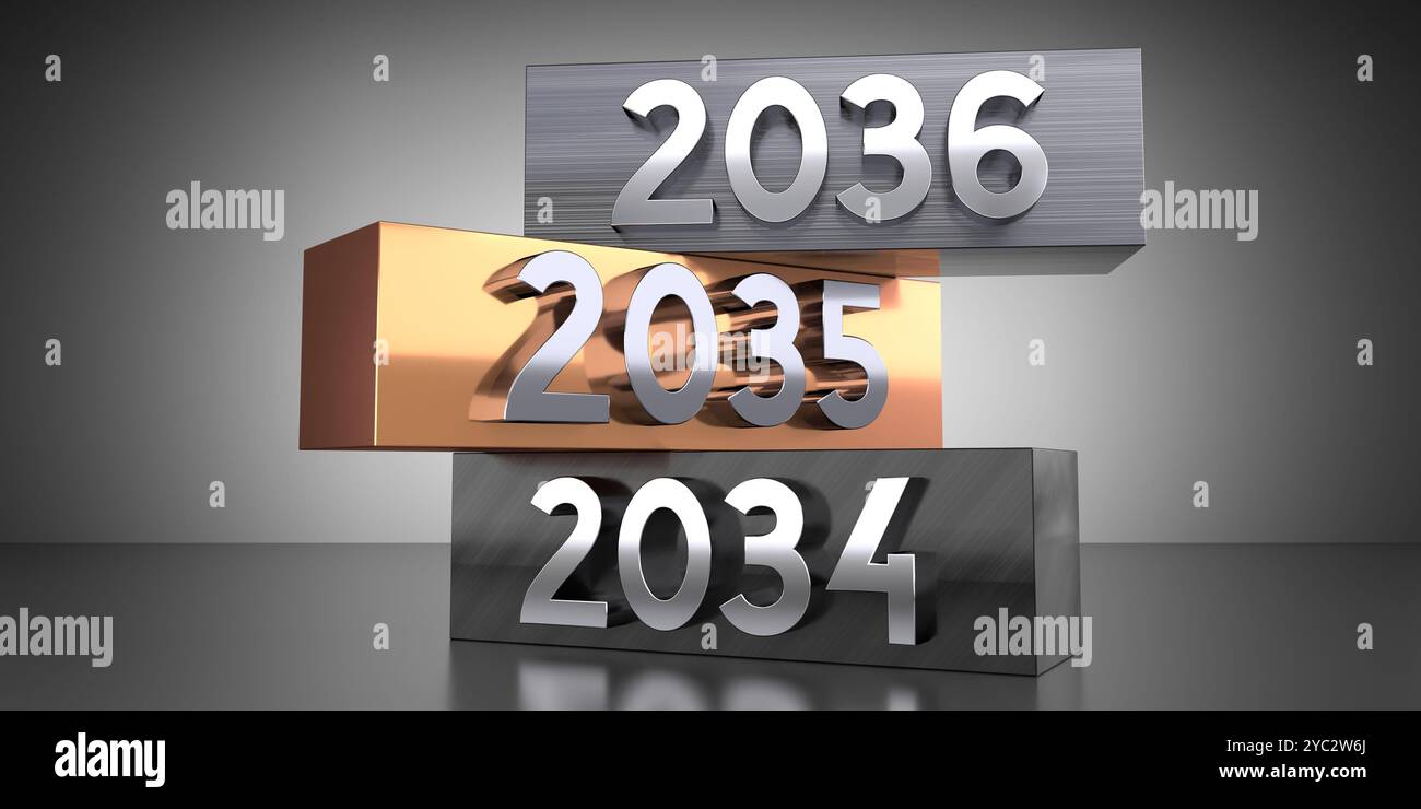 2036, 2035, 2034 - words on metal blocks - 3D illustration Stock Photo ...