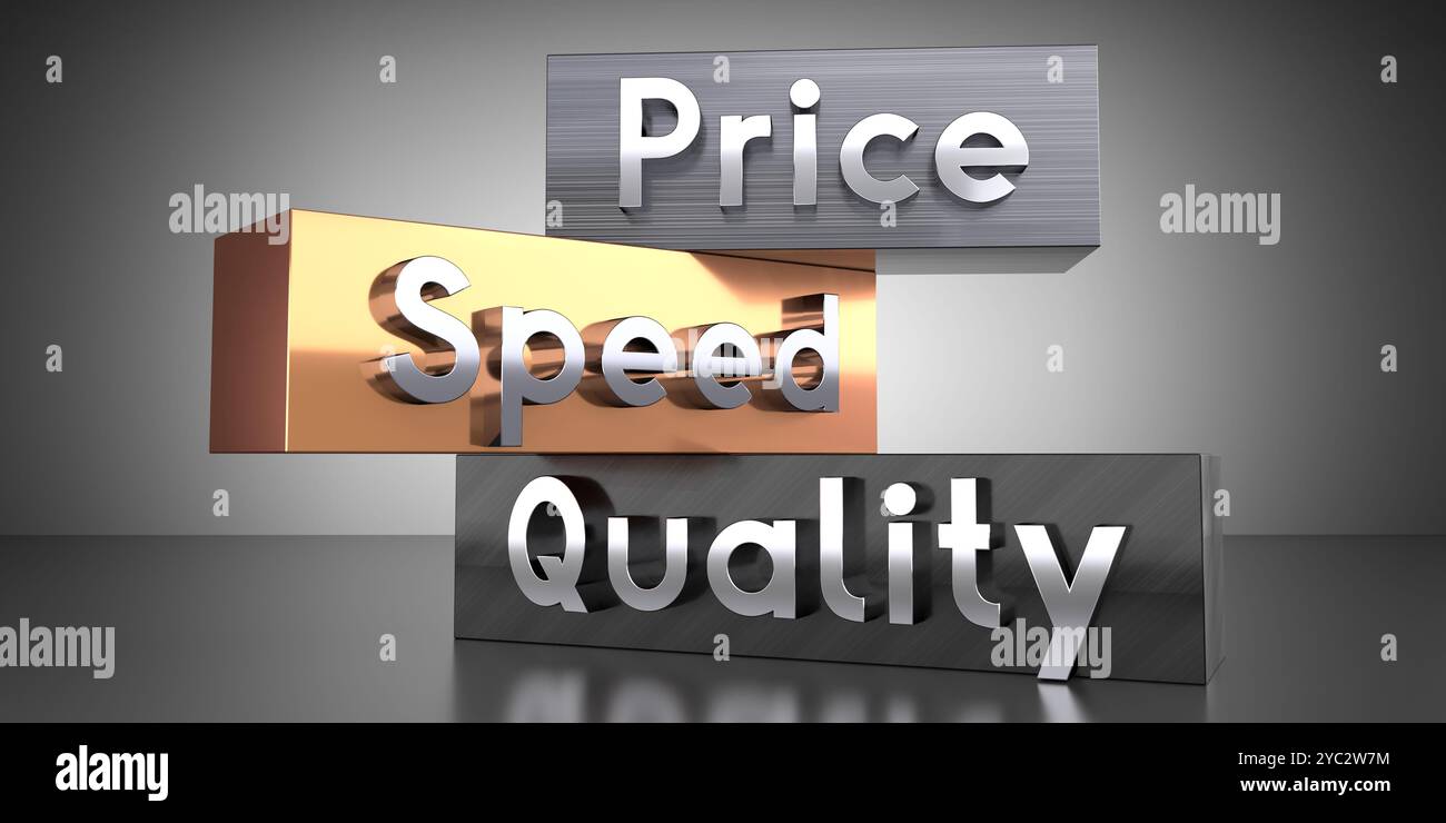 Price, speed, quality - words on metal blocks - 3D illustration Stock ...