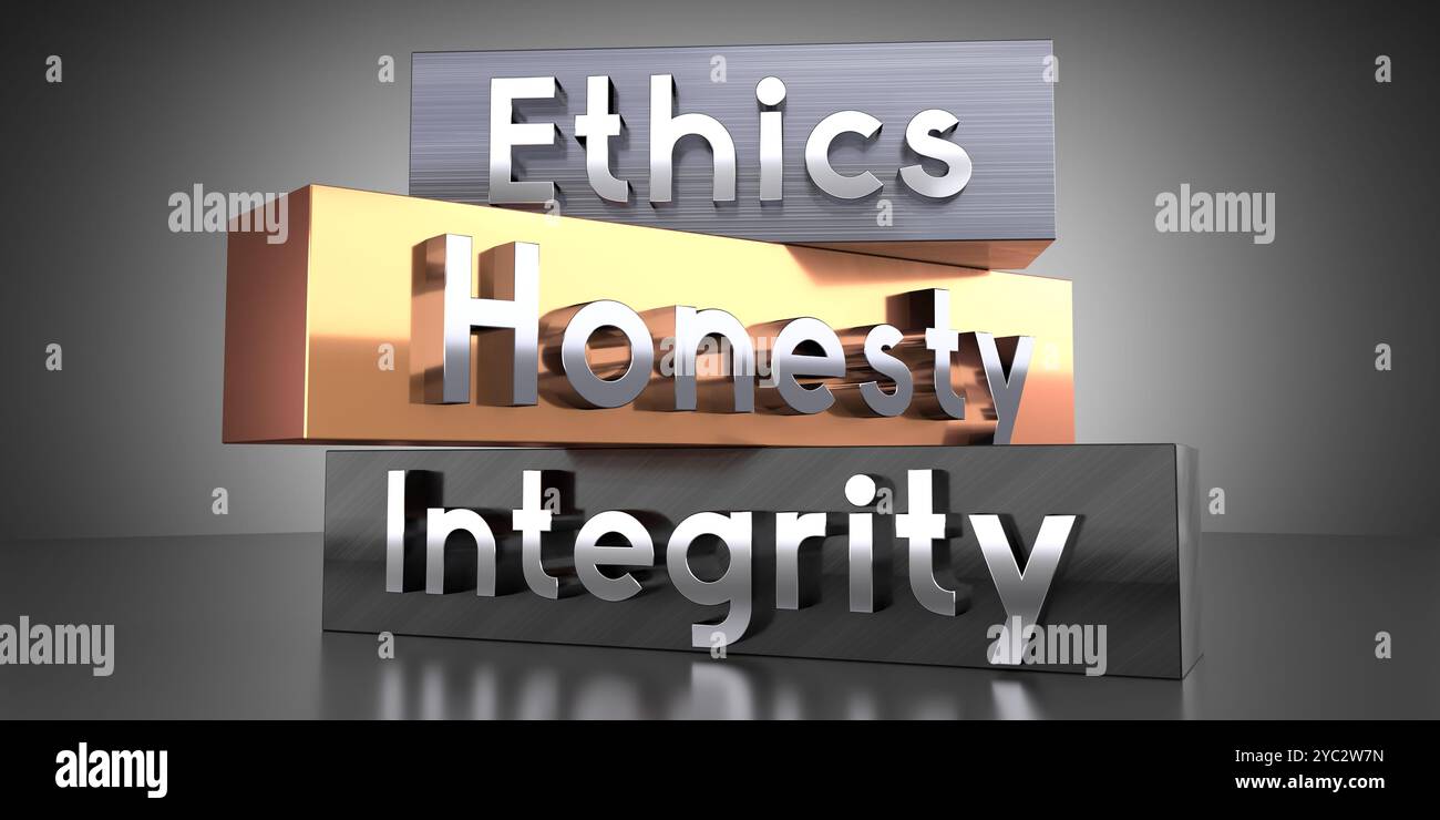 Ethics, honesty, integrity - words on metal blocks - 3D illustration ...