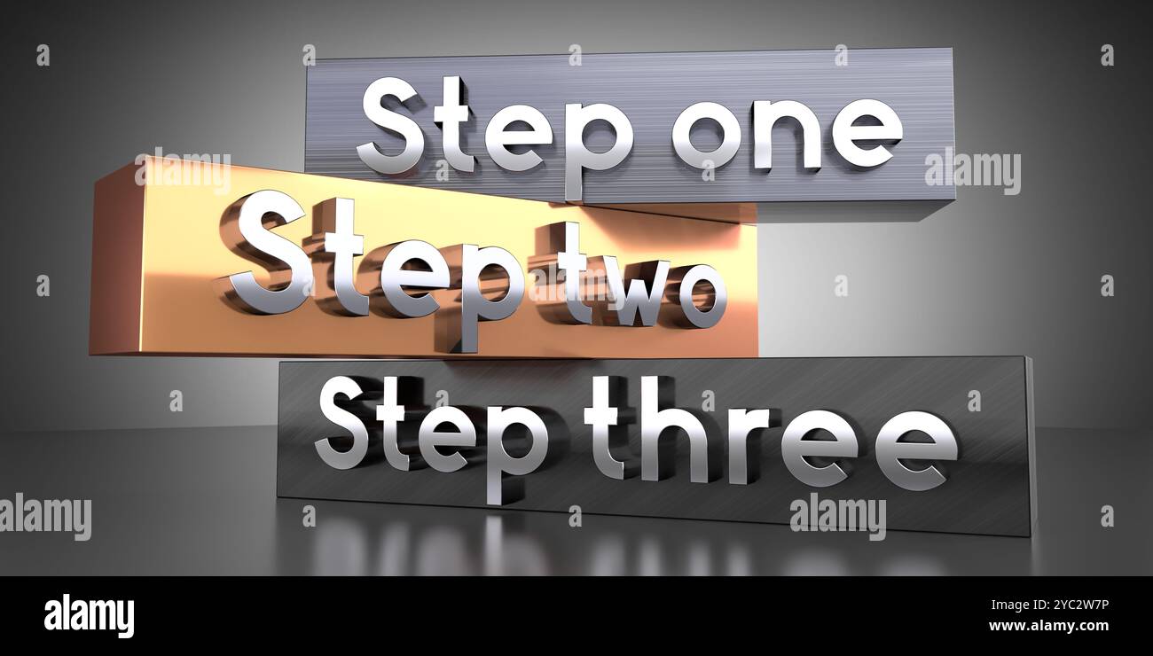Step one, two and three - words on metal blocks - 3D illustration Stock ...
