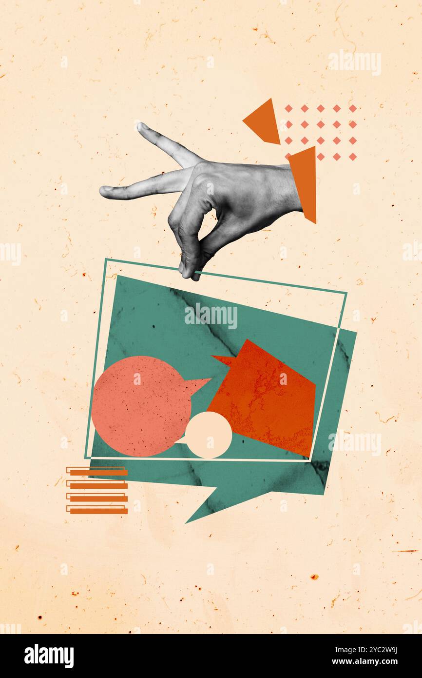 Vertical photo collage of hands hold colorful text box communication ...