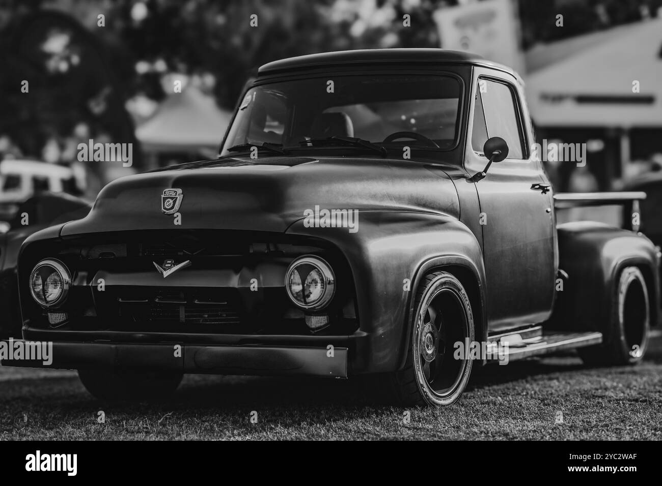 Front corner view of a 1955 Ford F-100 Pickup Truck at Doha, Qatar Aug ...