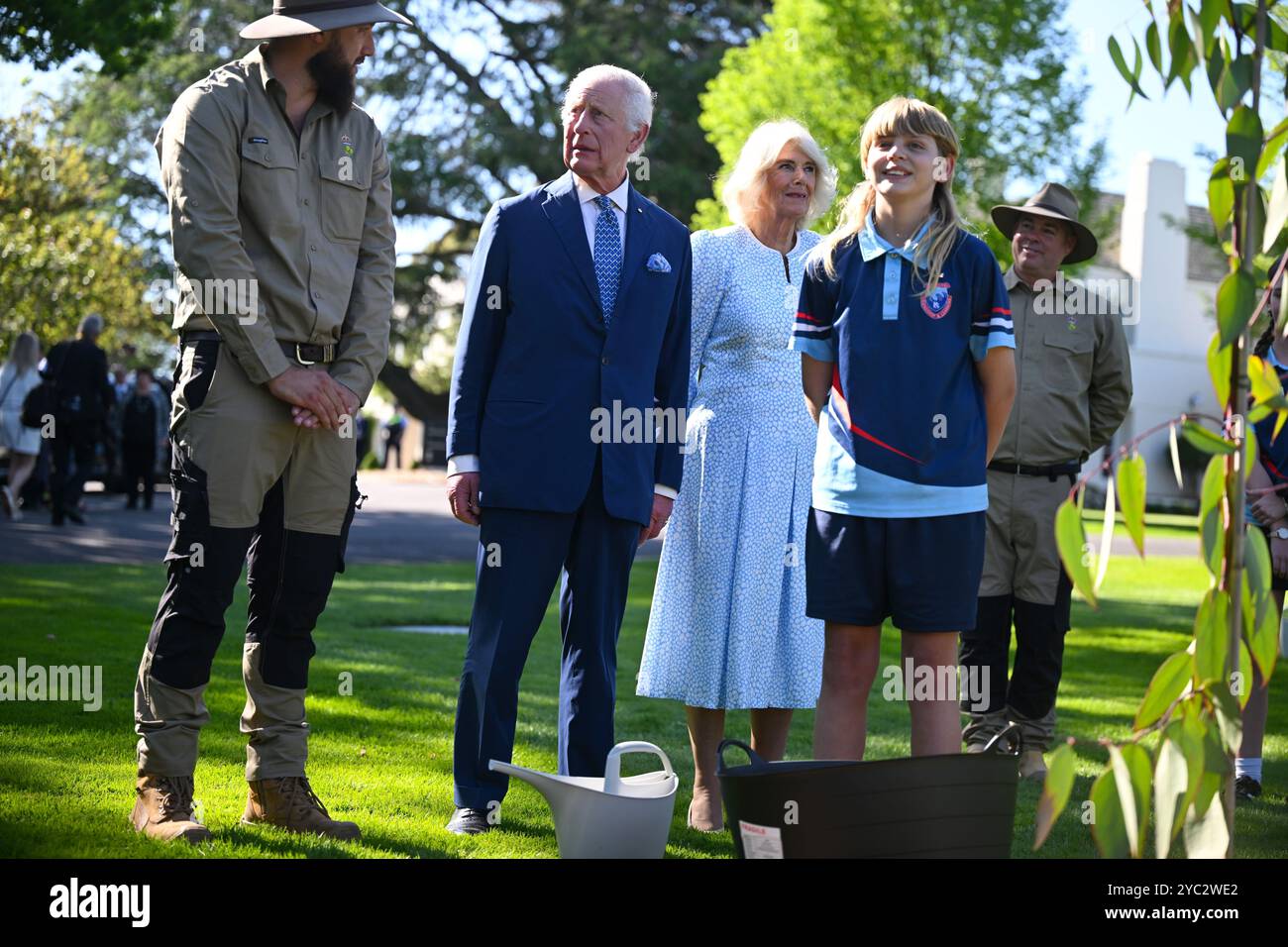 King Charles III and Queen Camilla during the ceremonial planting of two snow gum eucalyptus ...