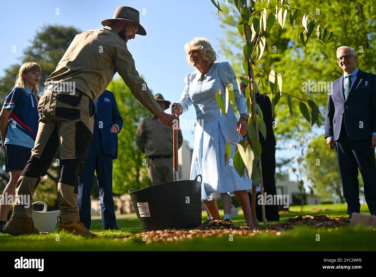 Queen Camilla during the ceremonial planting of two snow gum eucalyptus trees, in the garden of ...